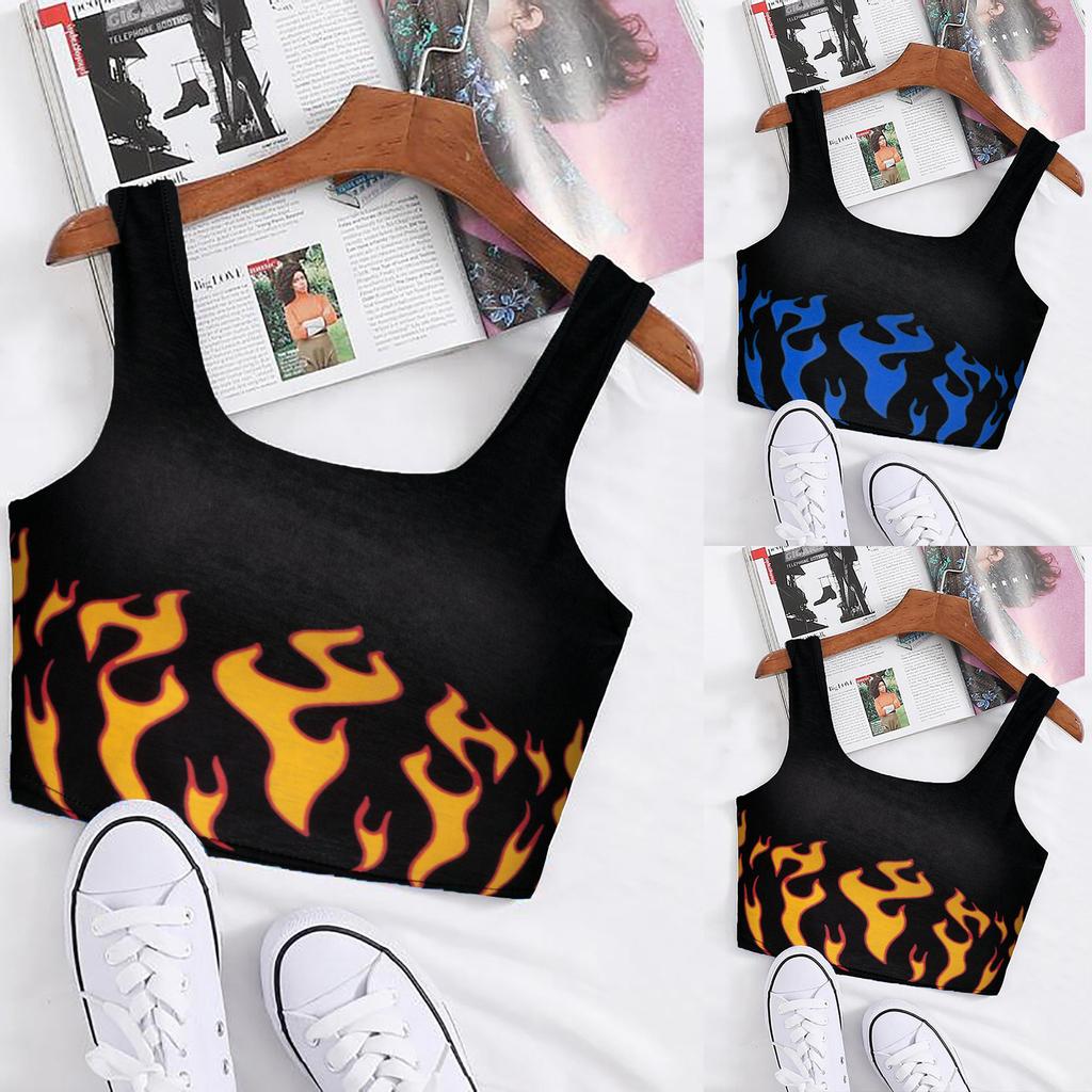 Buy Women Tops Flame Print Sleeveless Strapped Pullover Vest Tank Crop ...
