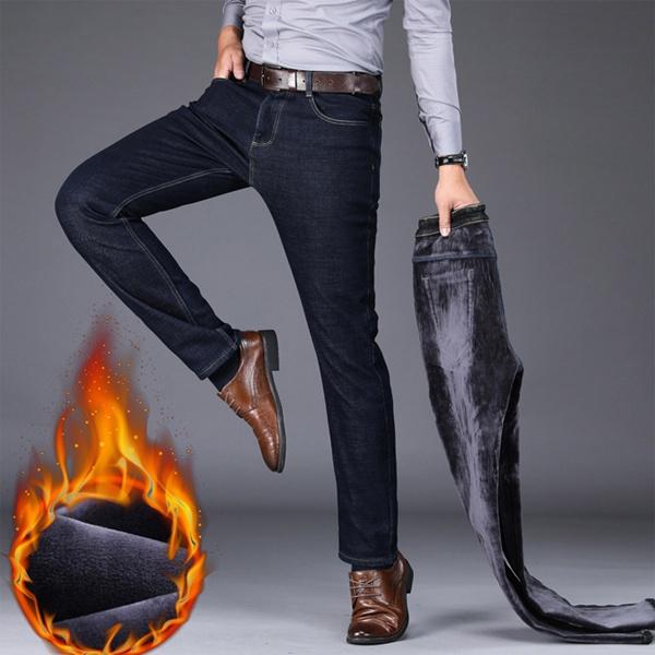Buy Winter Pants Men's Warm Slim Jeans Business Fashion Thick Denim ...