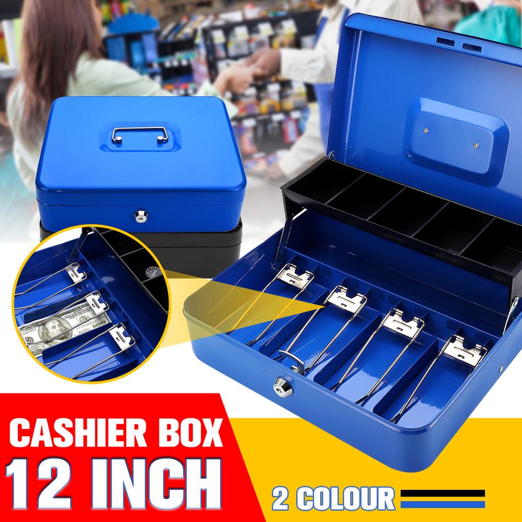 12" Inch Portable Money Safe Storage Blue Sturdy Metal With Coin Tray ...