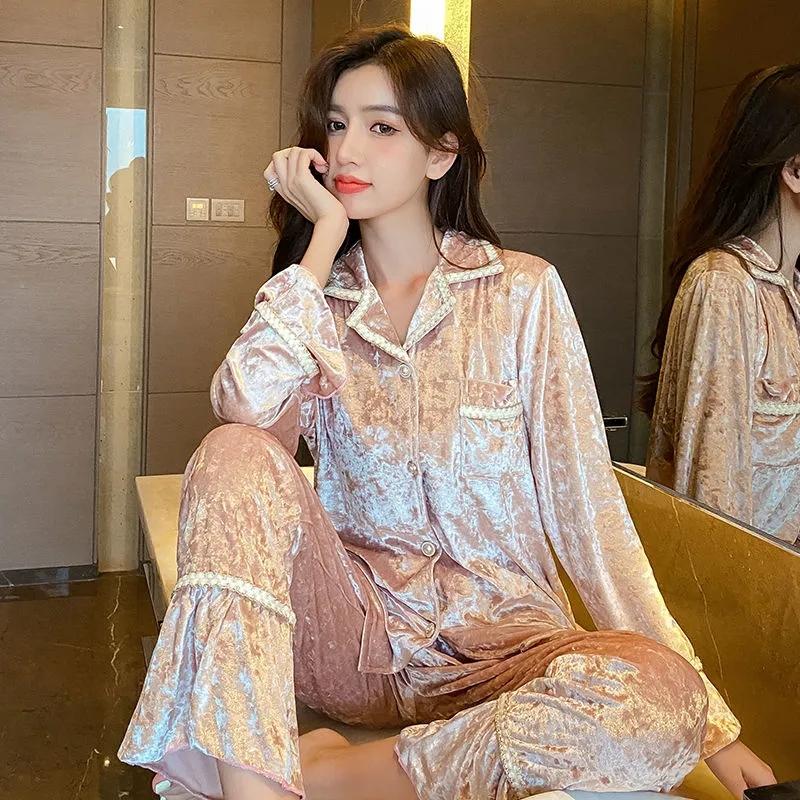 Buy Women's Gold Velvet Pajamas Set Comfortable Gold Edge Tie Dye Long ...
