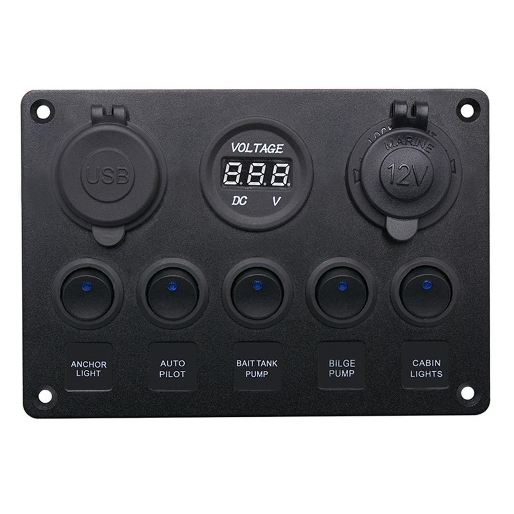 5 Gang Switch Control Panel 12V / 24V With 2 USB Charger LED Digital ...