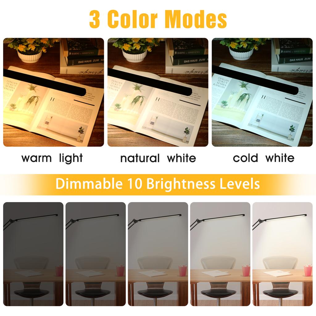 Leds Desk Lamp With Clamp Eye-Caring Dimmable Reading Light 3 Color ...