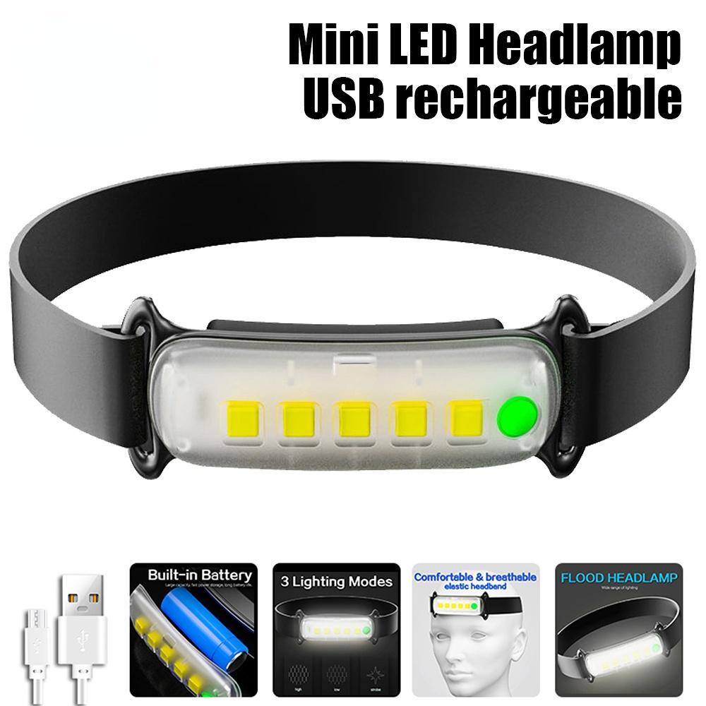 USB Rechargable LED Headlamp 3 Modes Light Mini Headlight Built-in ...