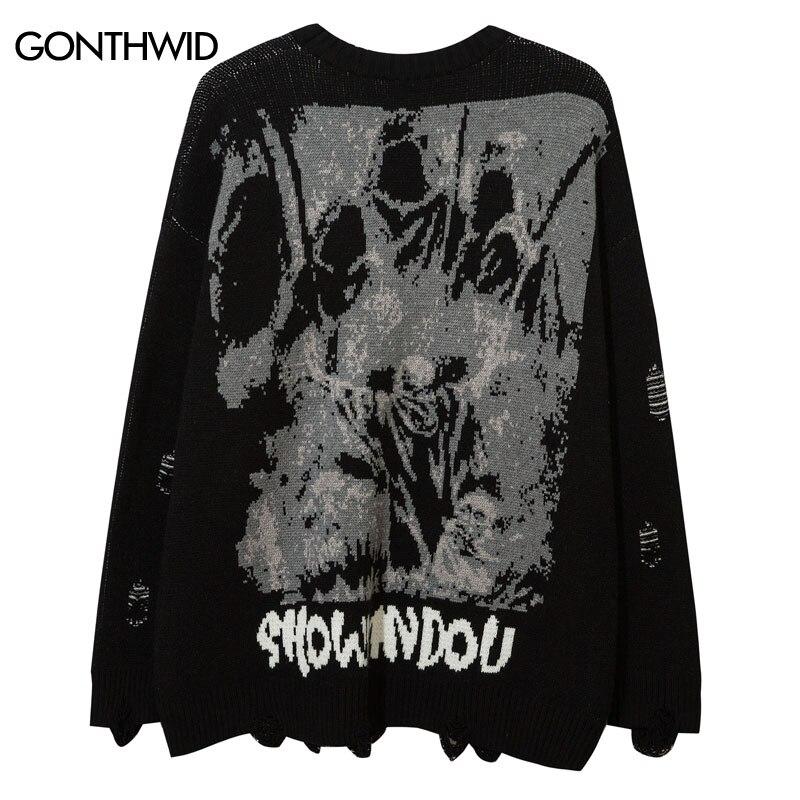 Buy Ripped Hole Chain Knitted Sweater Grunge Streetwear Hip Hop ...