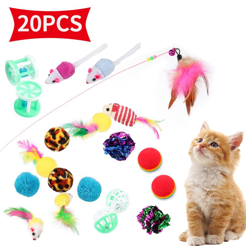 20 pcs Cat Toys Cats Toy Feather Mouse Balls Multiple Styles Kitten Toy ...