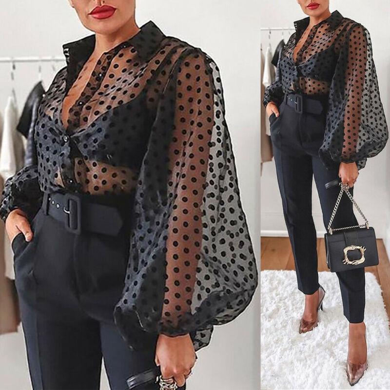 Buy Women Mesh Sheer Blouse See-through Lantern Long Sleeve Blouse ...