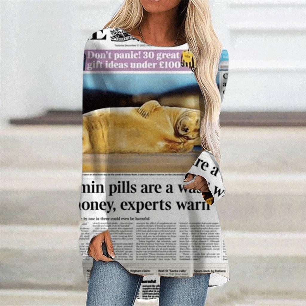 Fashion women's loose long-sleeved top casual crewneck autumn clothes T ...