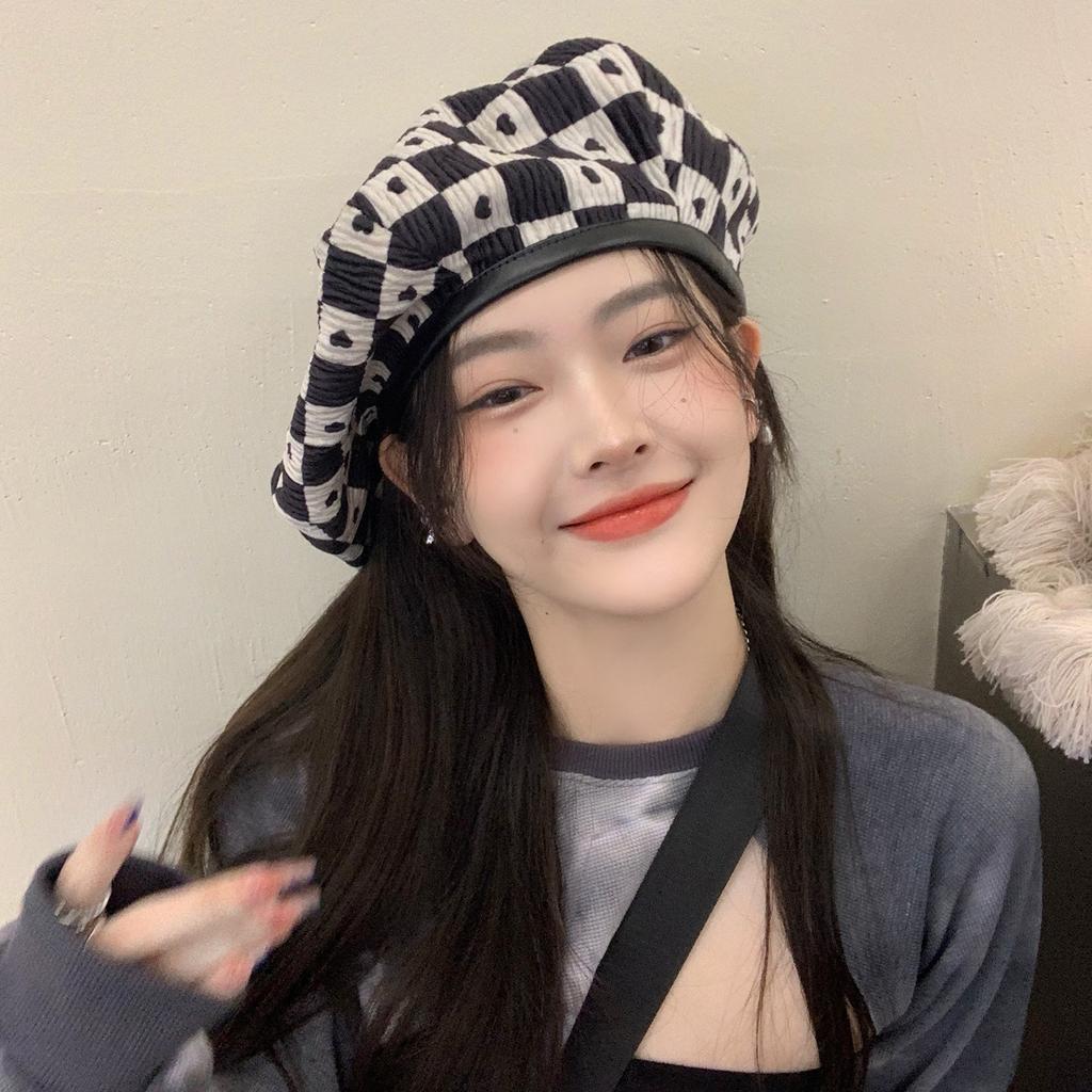 Buy Love Checkerboard Gebere Hat Women's Big Head Wai Hat Black and ...