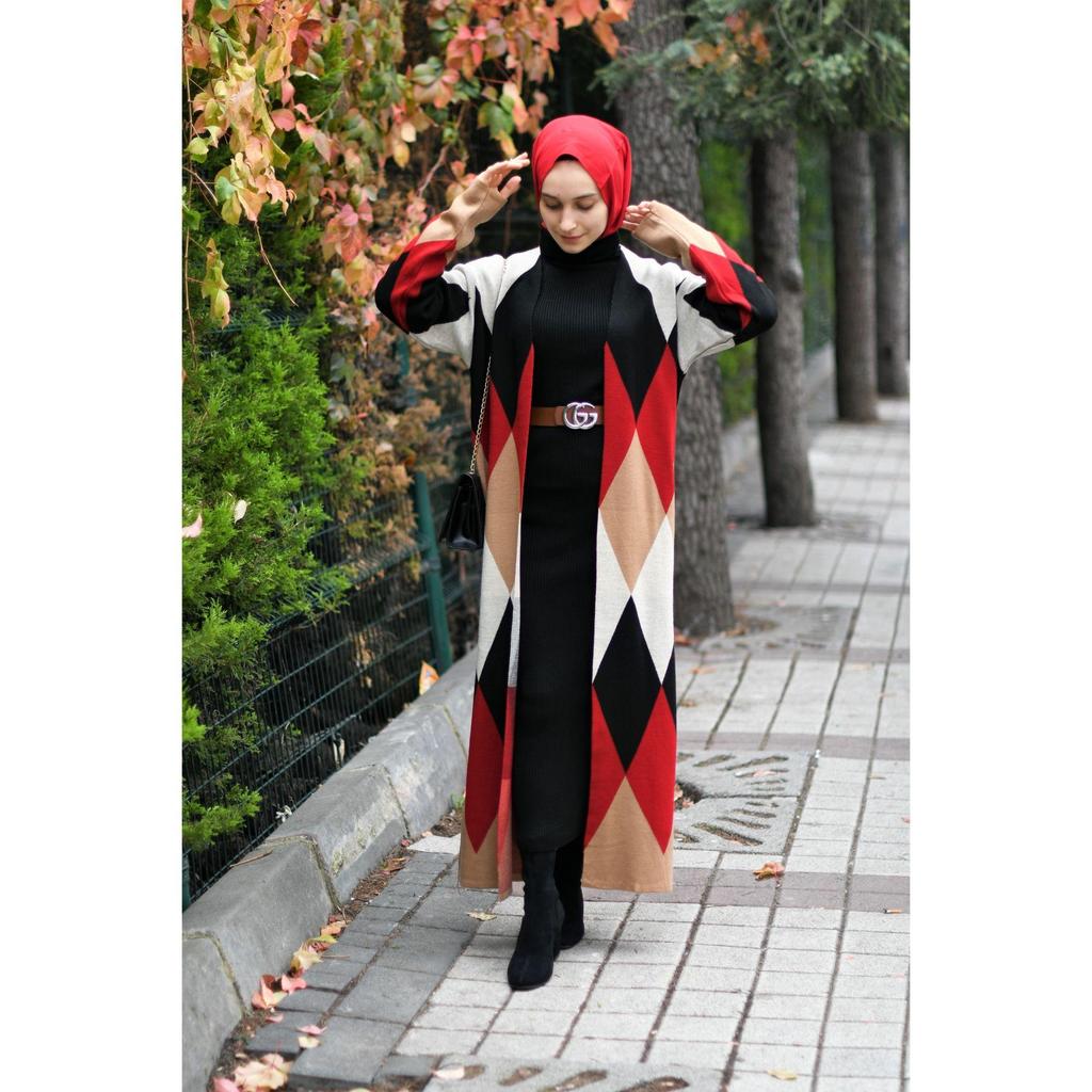 Buy Two Piece Muslim Sets Maxi Dress and Diamond Pattern Cardigan Abaya ...