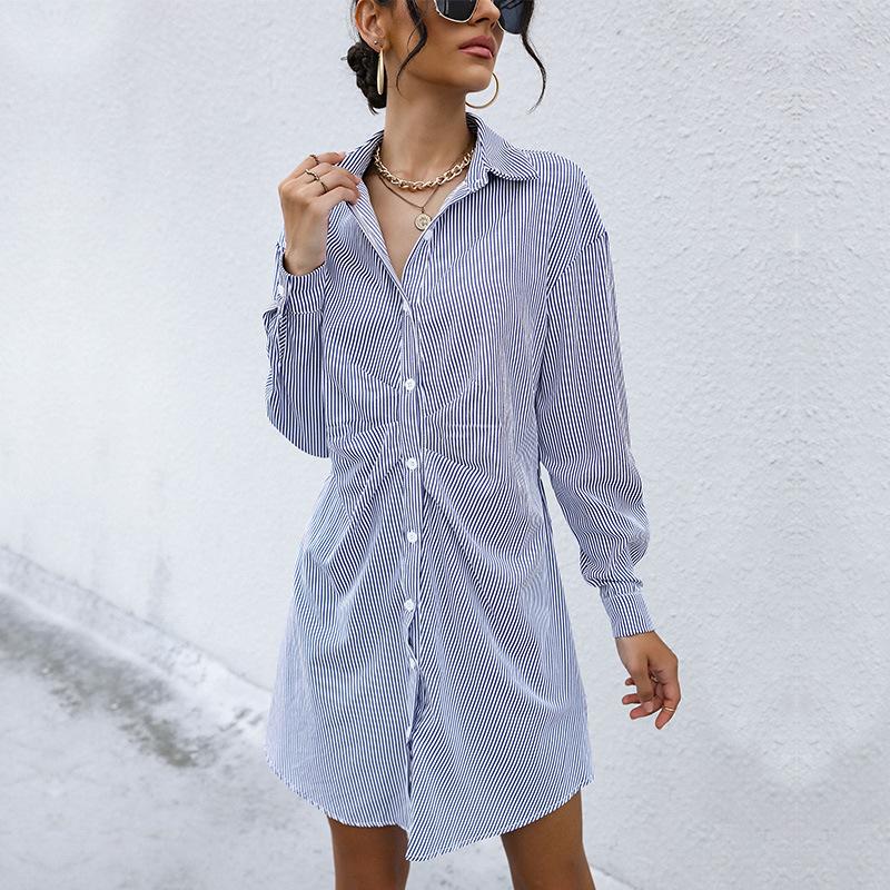 Buy S-XL Women Bottoming Vertical Stripe Slim-fit Lapel Shirt Dress at ...