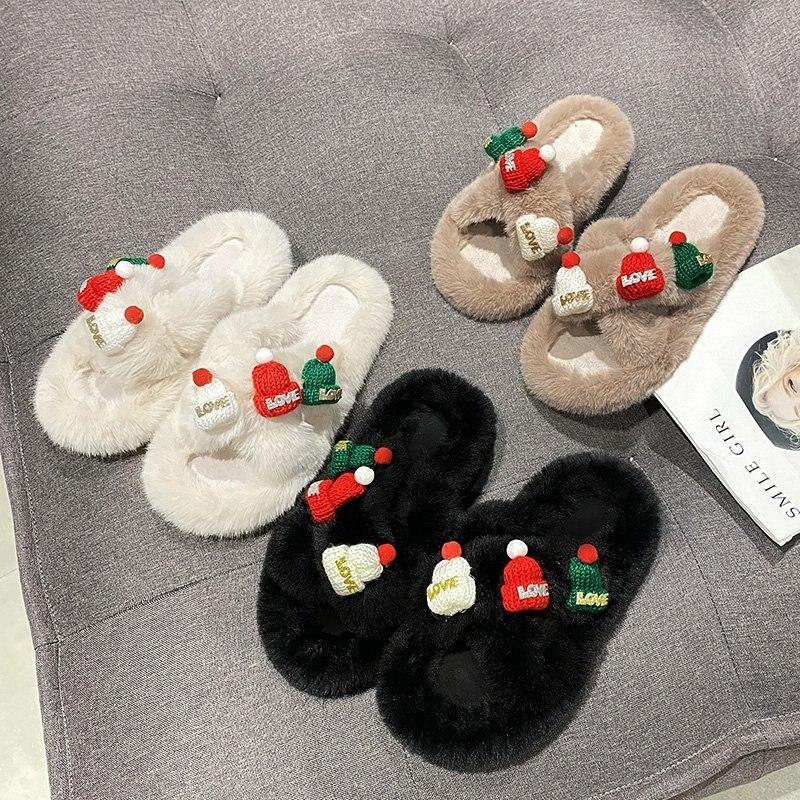 💰Kjøp Cute Women Cross Design Fur Slippers Plush Soft Luxurious Indoor ...