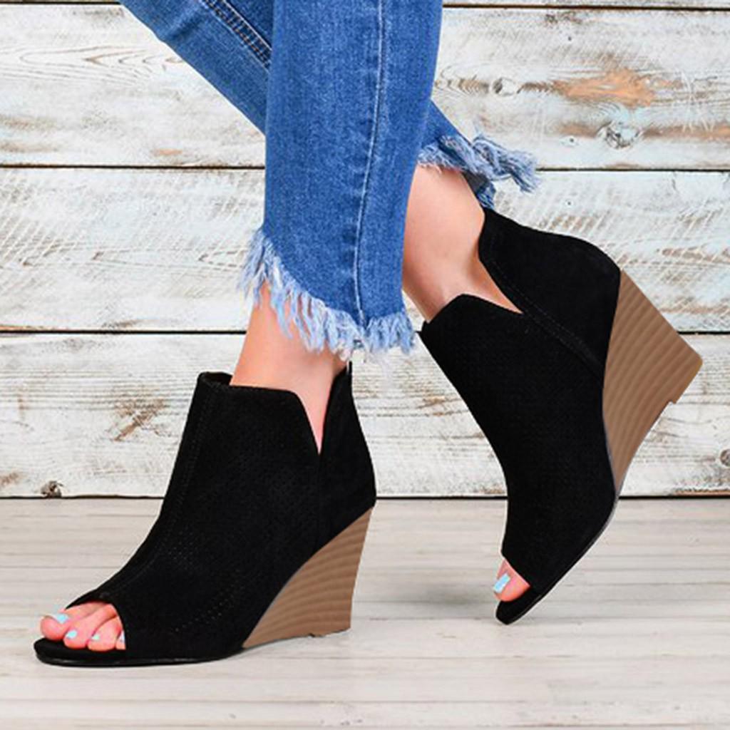 Buy Women's Fish Mouth Casual Boots Square Pinhole Wedges Heel Ankle ...