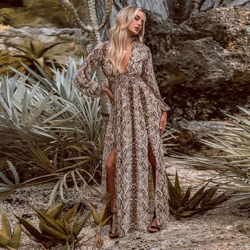 Buy Sexy Snake Print Open Back Cutout Lace-Up Long Dress Retro Lantern ...