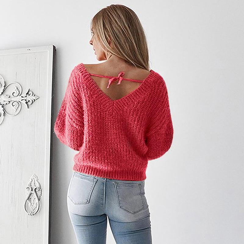 New Sexy Women Winter Loose Knitted Sweater V Neck Lace Back Long ...