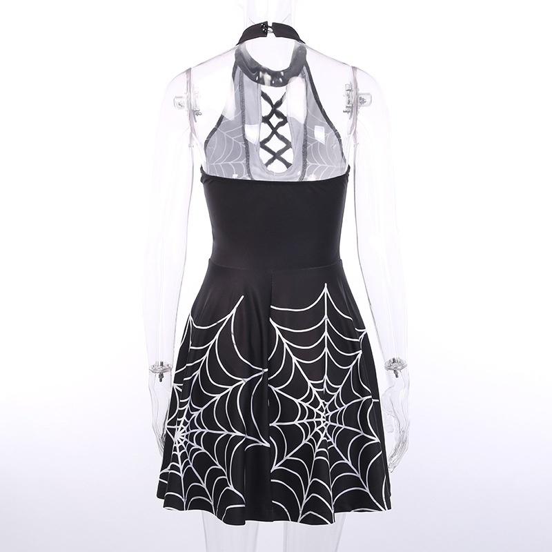 Buy Women's Gothic Cobweb Print Sleeveless Dress Halloween Cosplay ...