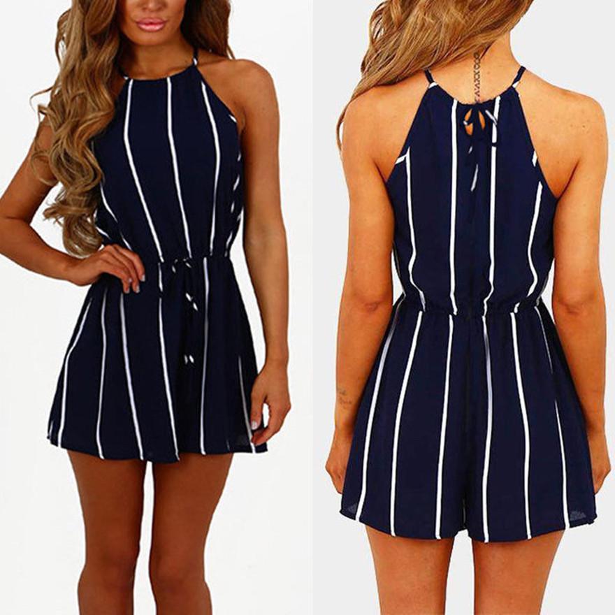 Buy Women Sleeveless Strappy Striped Jumpsuit Summer Party Romper