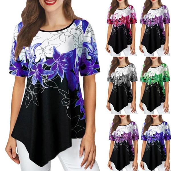 Summer Women's Round Neck Loose Irregular Print Short Sleeve T-Shirt ...