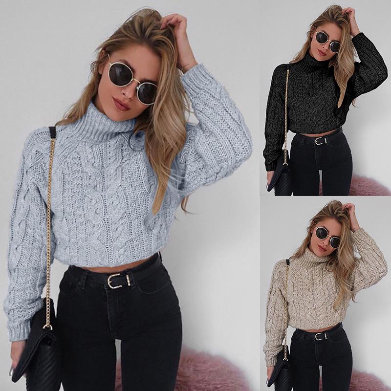 Buy Women's Sweater Short Long Sleeve High Collar Sexy Navel Twist ...
