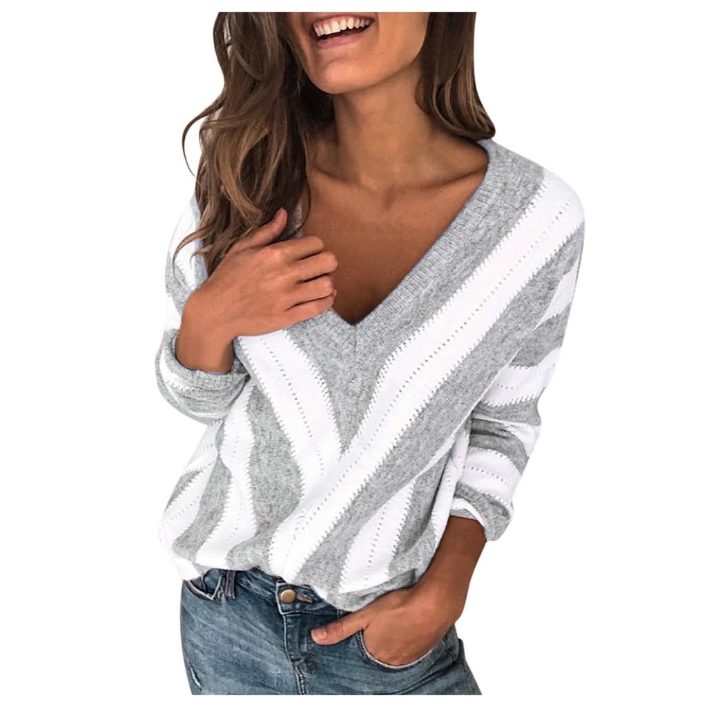 Satın alın Women Ladies Fashion Striped Knitting Blouses Plus Size Long ...