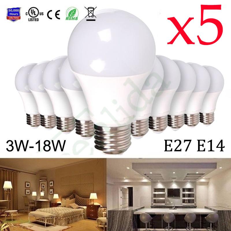 5Pcs Energy Saving Smart LED E27 E14LED Bulb Light 3W 6W 9W 12W 15W ...
