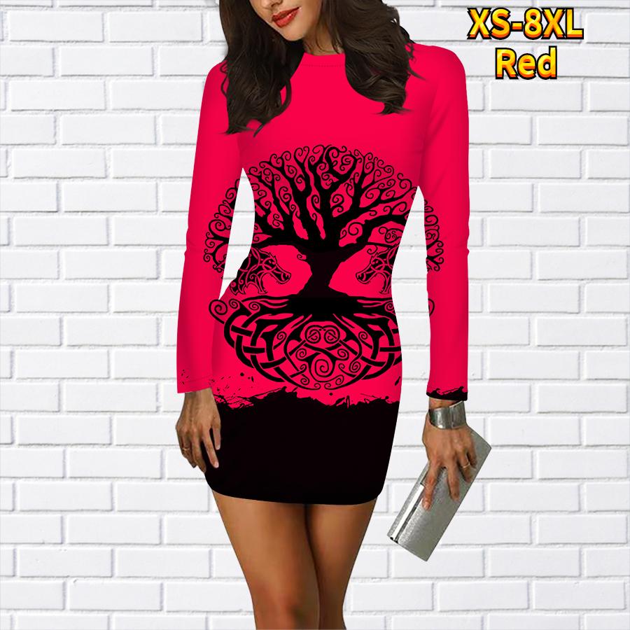 Long Sleeve Bodycon 3D Withered Tree Print Dress Women Mini Dresses ...