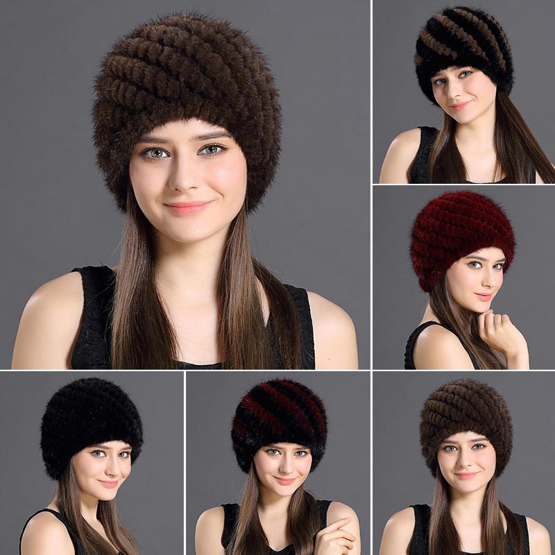 Buy Winter Natural Real Fur Women Solid Casual A-Line Knitted Cap at ...