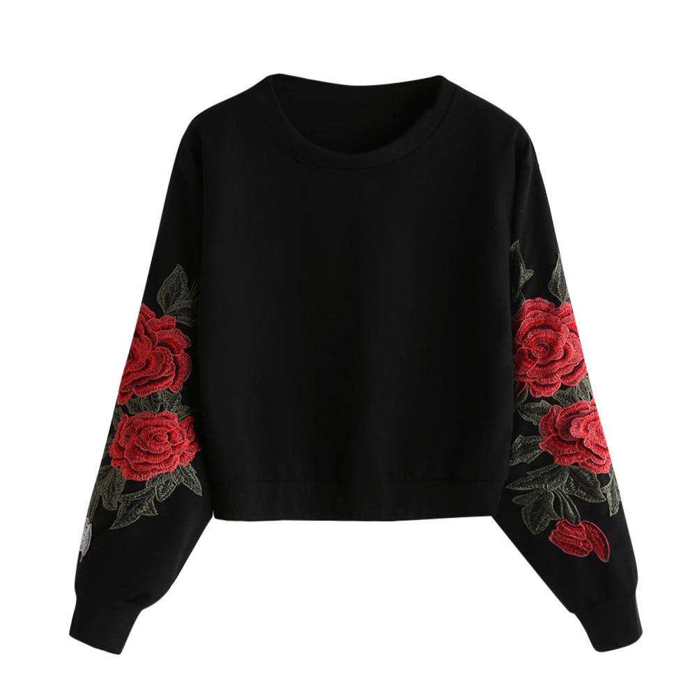 Buy Style Women Long Sleeve Rose Embroidery Applique Sweatshirt O-Neck ...