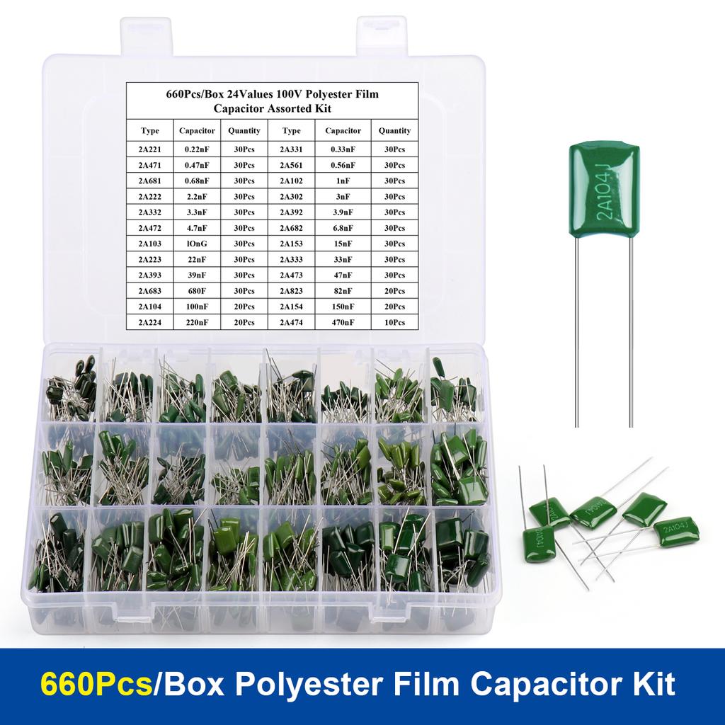 Cheap 660Pcs Polyester Film Capacitor Assortment Kit 100V 24Values 0 ...