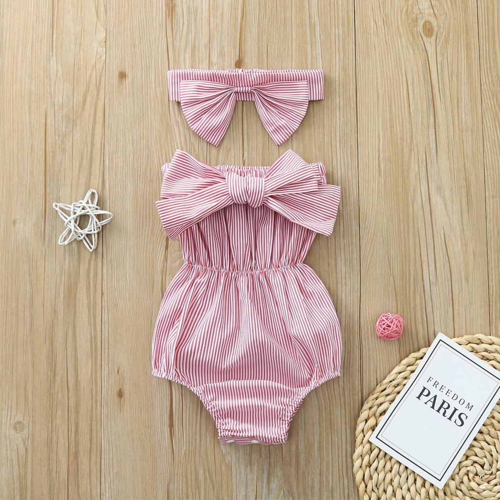 Cheap Newborn Infant Baby Girls Off Shoulder Striped Romper Bodysuit Headband Outfits | Joom