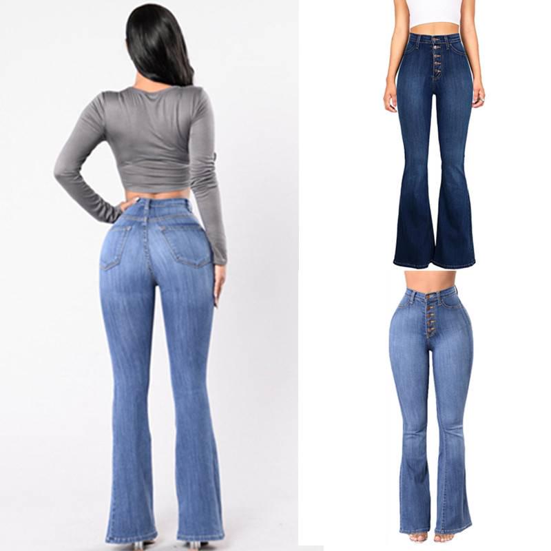 Buy Flare Pants Female Bell Bottom High Waist Button Denim Trousers ...