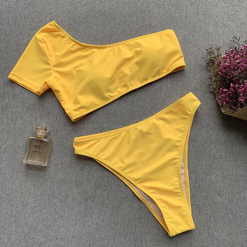 Buy One-shoulder Solid Color Women Swimsuit 2pcs Polyester Slim Fit ...