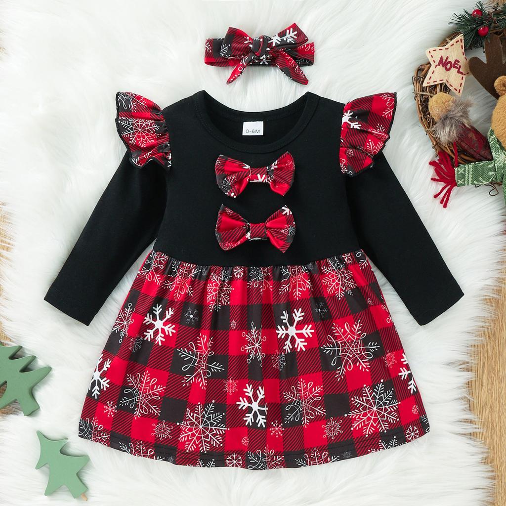 Kaufe Children's Christmas Flying Sleeve Bowknot Plaid Snowflake Dress ...