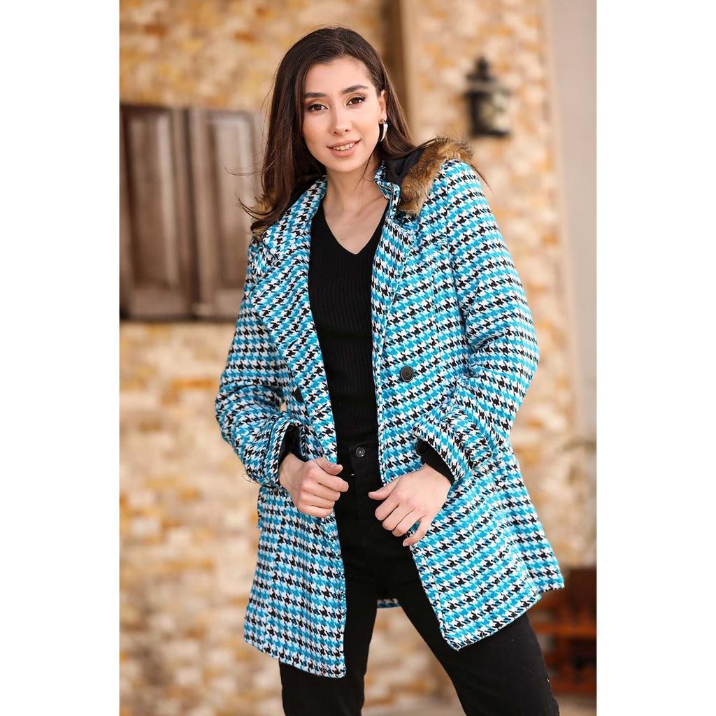 Buy Hooded Buttoned Crowbar Pattern Blue Women's Coat at affordable ...