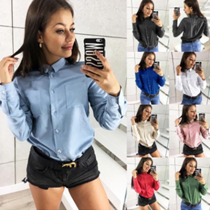 Buy Fashion Women Long Sleeve Pure Color Shirt Casual Top Loose Blouse ...