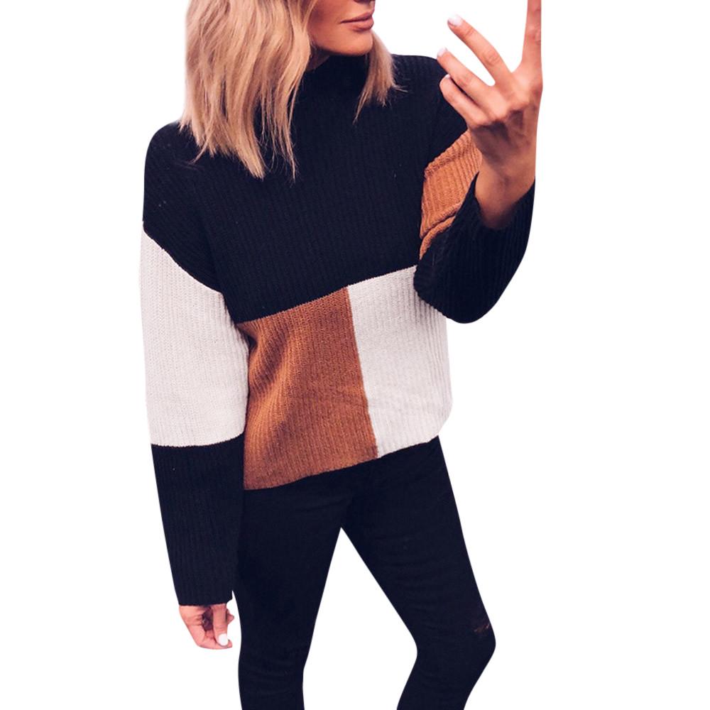 Women Colorblock Stand Long Sleeve Knitted Sweater Jumper Pullover Top ...