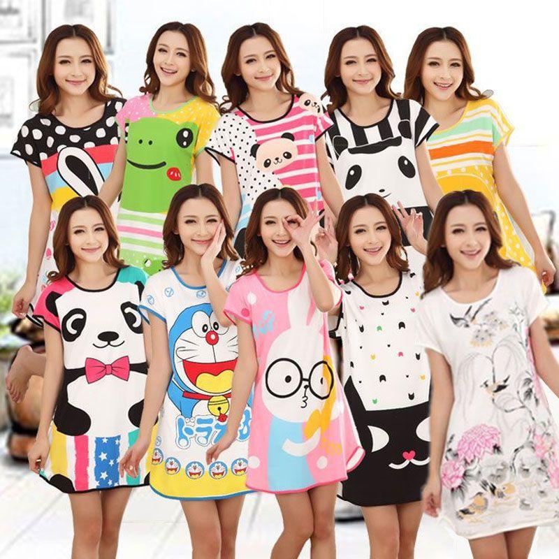 Women Cartoon Printed Sleepwear Cute Pajamas Short Sleeve Sleep Shirt ...