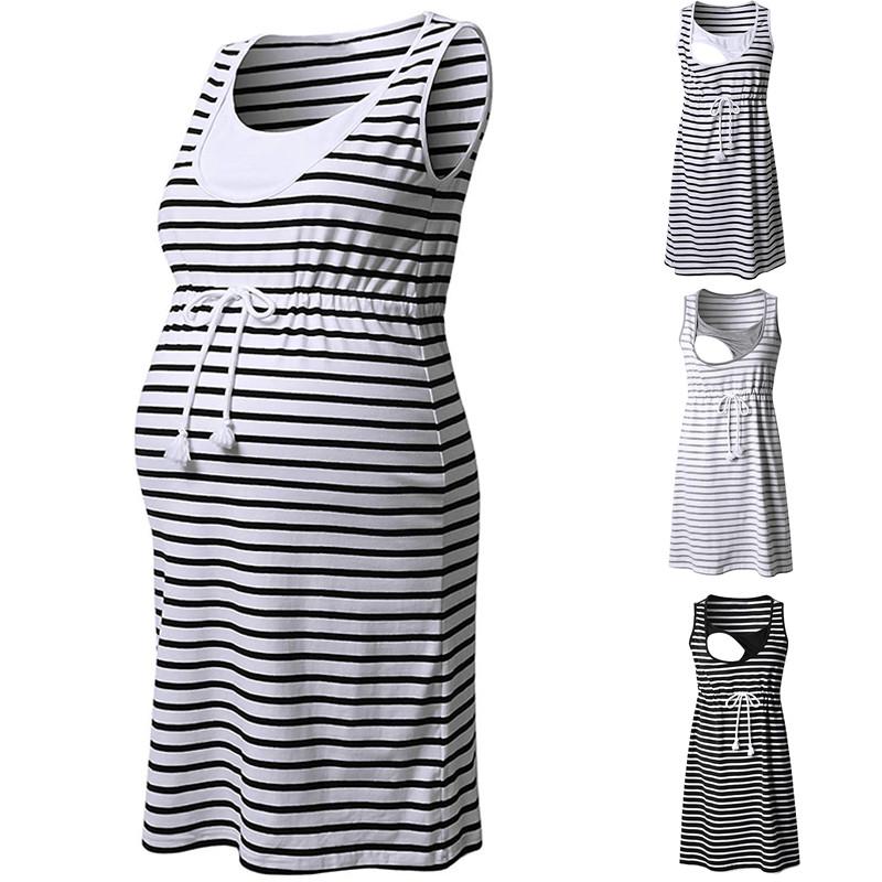 Striped Print Nursing Dress Pregnancy Women Sleeveless Bandage Casual ...