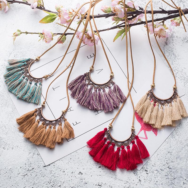 Vintage Long Leather Rope Chain Boho Ethnic Tassel Pendant Necklaces ...
