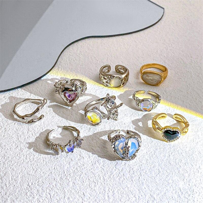 Buy Y2K Oil Drip Rings Set Kpop Geometric Crystal Rings Heart Angle ...