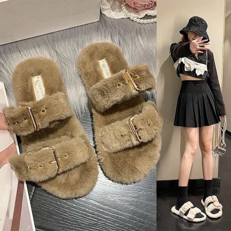 Buy Hairy Slippers Women's Autumn New Open-Toed Warm Home Buckle Belt ...