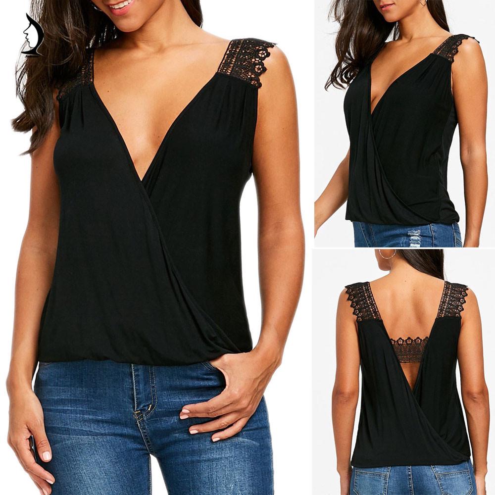 WF. Womens V-Neck Tank Lace Backless Top T-Shirt Fashion Tops Sports ...