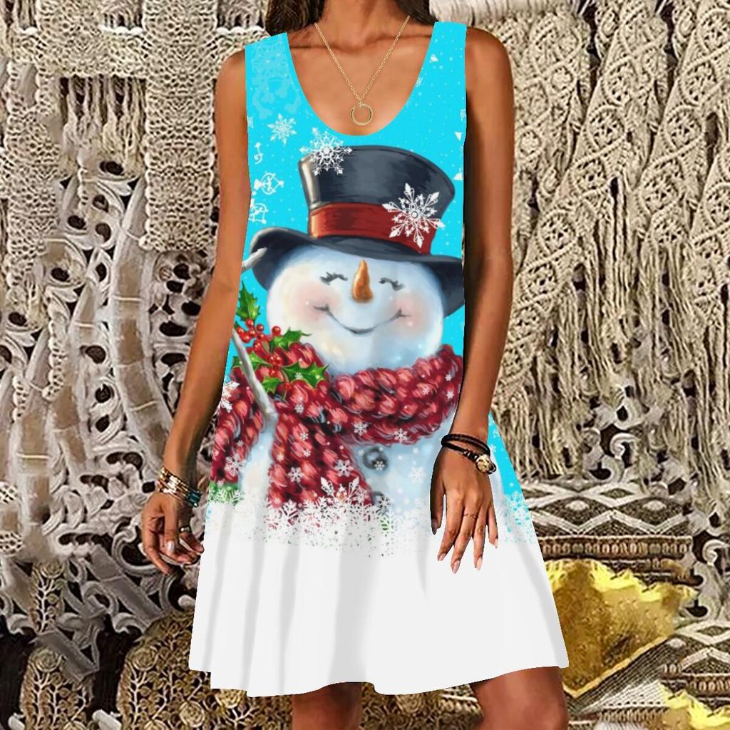 2022 Yaz Yeni Moda Kadın Gevşek Rahat Yuvarlak Boyun Noel Kardan Adam Baskı Artı Boyut Kolsuz ...