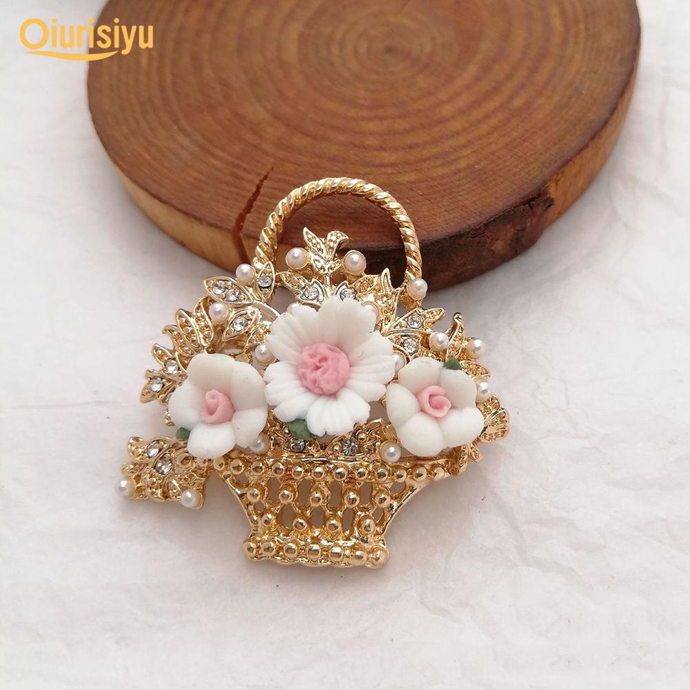 Buy Women Faux Pearl Rhinestone Flower Basket Brooch Pin at affordable ...
