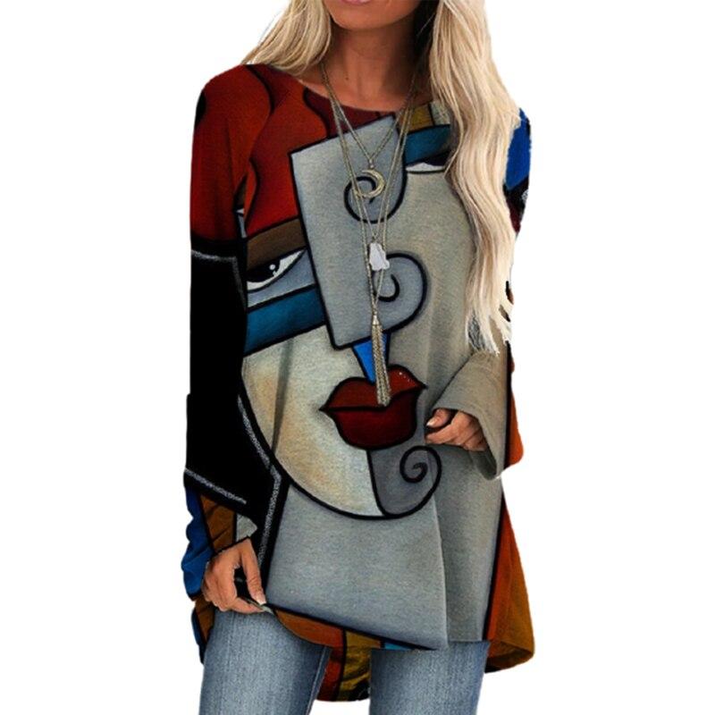 Buy Autumn Women Abstract Face Print Long Tshirts Loose Casual Mural ...