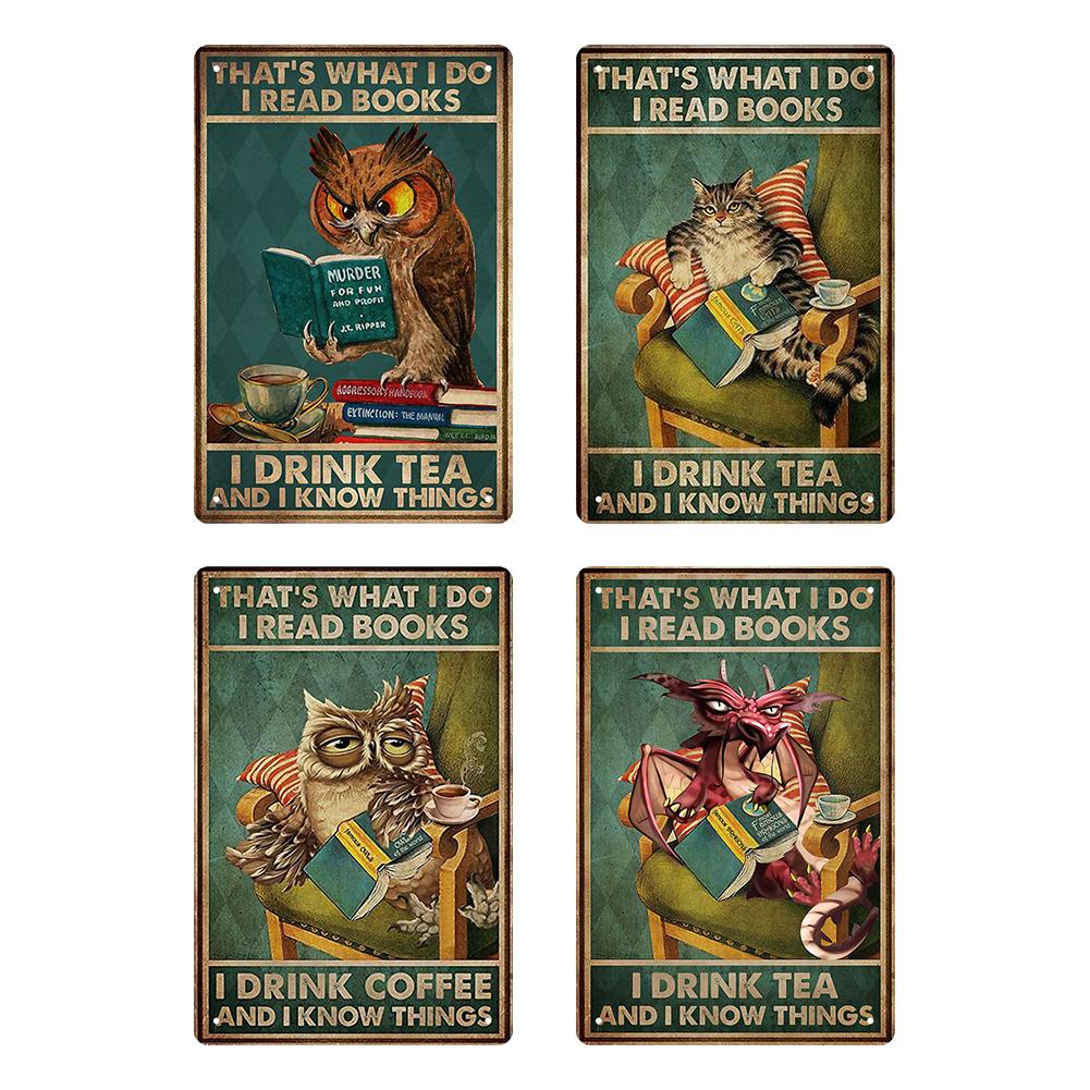 Buy Retro Book-reading Animal Metal Painting for Bar Pub Tin Plaques ...