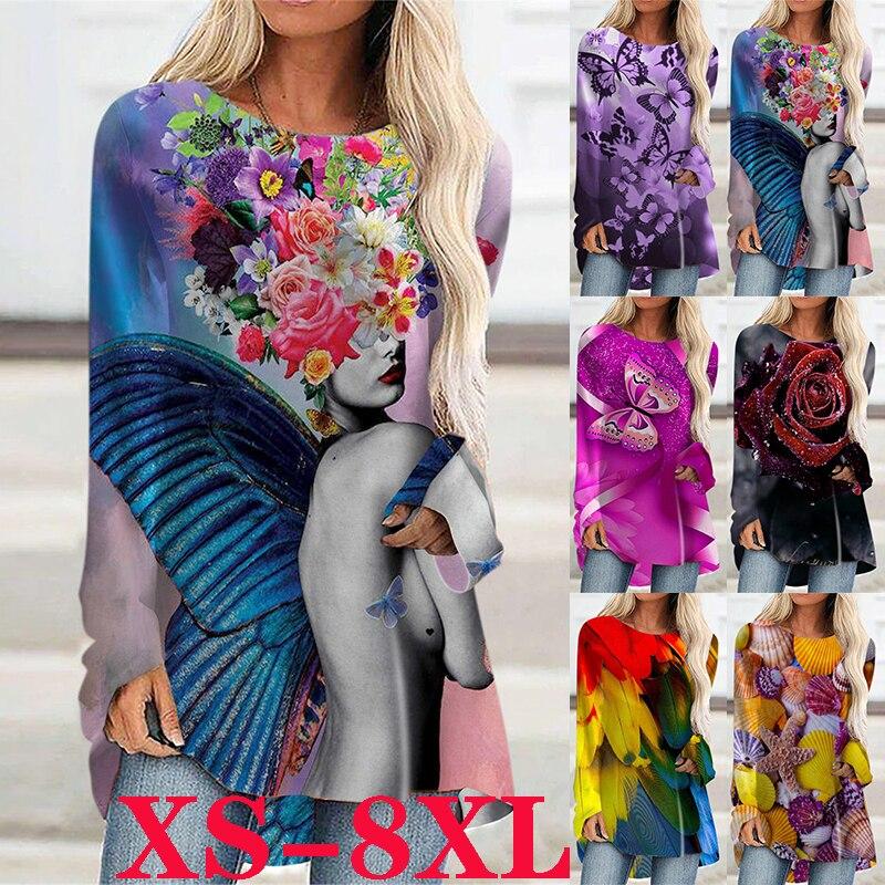 Buy 2022 Plus Size Xs-8xl Long-sleeved T-shirt Casual Loose Printed Shirt Ladies T-shirt Pure ...