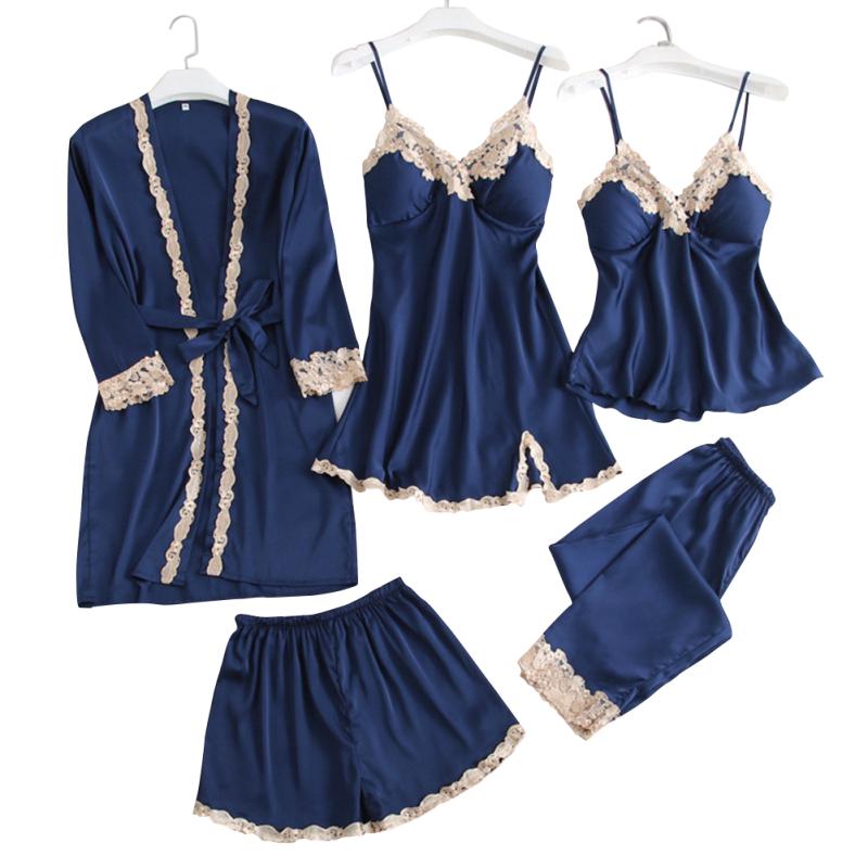 Buy 5Pcs Women Sexy Thin Robe Nightgown Ccondole Belt Shorts Trousers ...