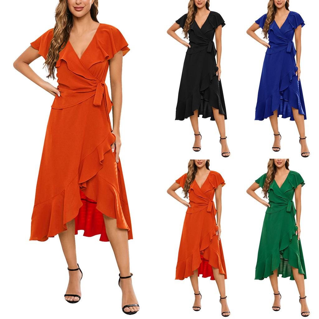 Buy Women's Fashion Ruffle V-Neck Slim Solid Irregular Dress at ...