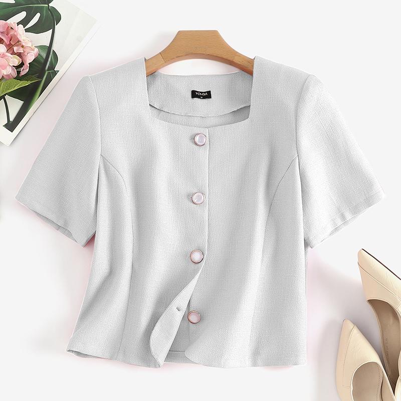 Cheap VONDA Solid Color Square Collar Summer Women Tops | Joom