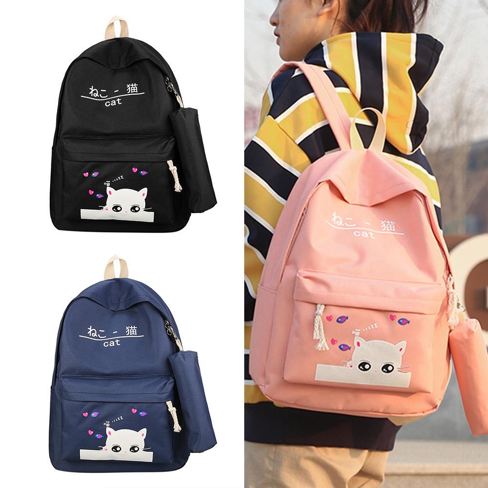 2pcs/set Cat Letter Print Girls Backpacks Pen Bags Women Travel School ...